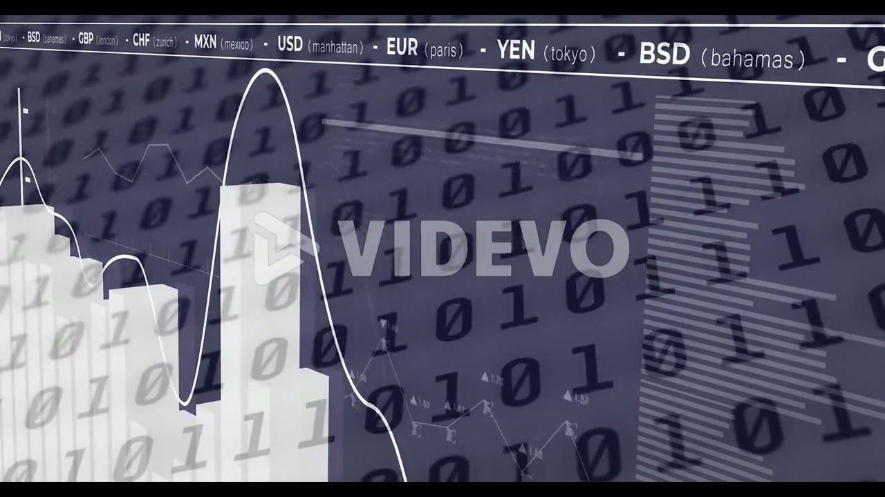 Animation of binary coding and financial data processing over black background