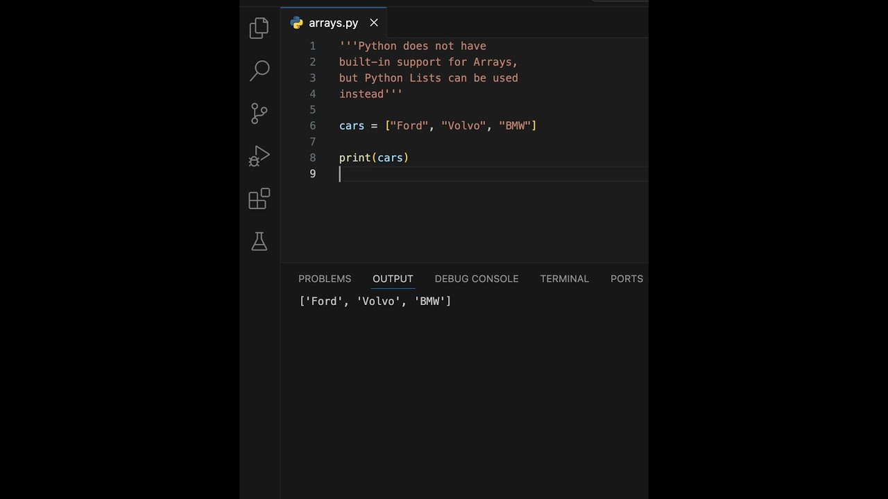 Did You Know? Python Doesn’t Have Built-In Arrays! Use Lists Instead! 🚗 #PythonTips #Coding#learning