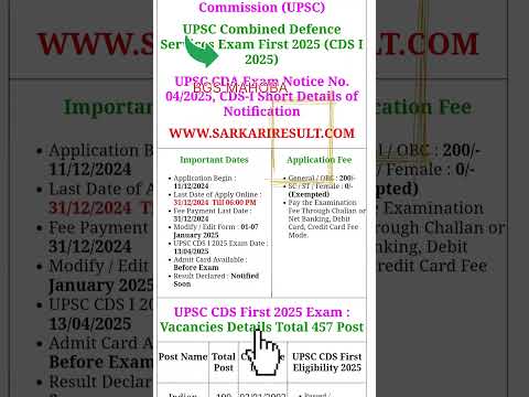 UPSC Combined Defence Services Exam First 2025 | CDS 2025 | UPSC CDA Exam Notice No. 04/2025, CDS-I
