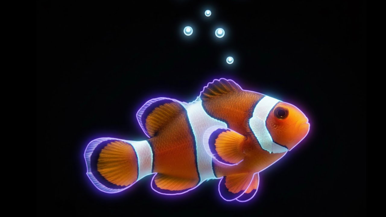 Hologram video 3D CLOWN FISH Black background VR Holographic video Visualization Visual effect 