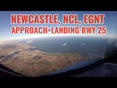 Newcastle NCL airport, England, UK: Approach + landing runway 25. Airbus cockpit view. With ATC. 4k.