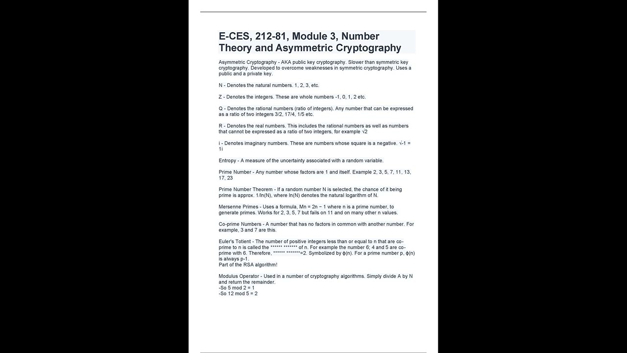 E CES, 212 81, Module 3, Number Theory and Asymmetric Cryptography, study guide pdf