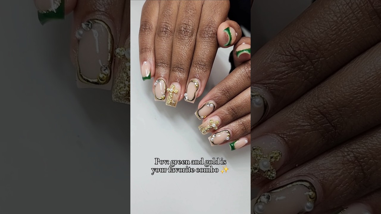 Green and gold go so well together 😍 Which set is your favorite? #Nails #greenandgoldnails