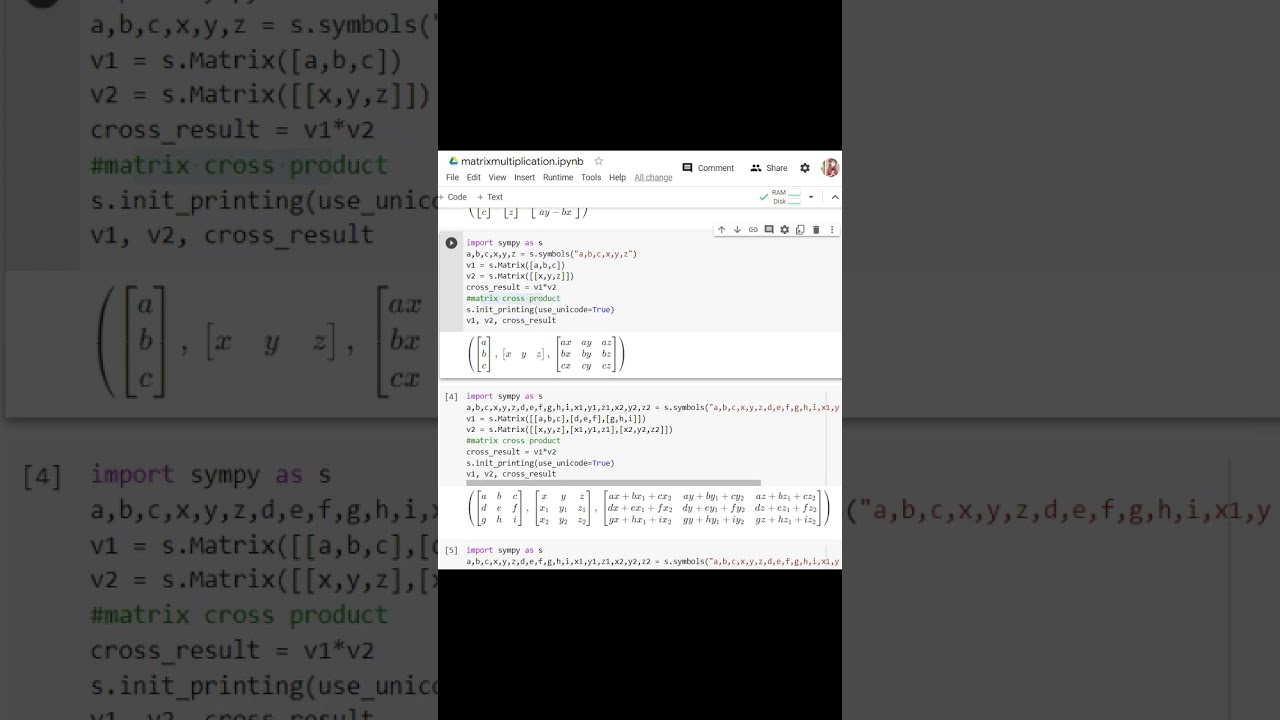 matrix multiplication in python sympy google colabs