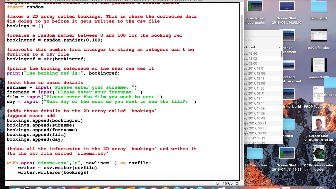 Python cinema booking database 1: adding data to a csv file