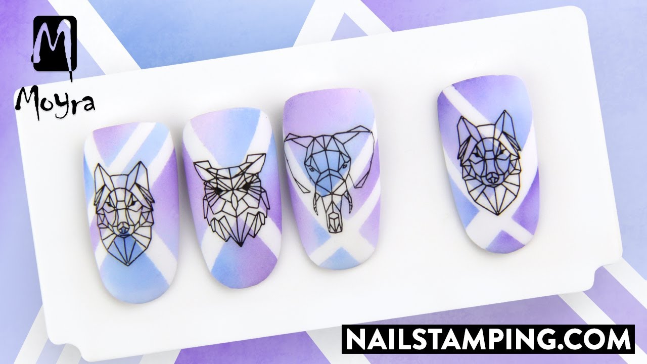 Gradient stamping decoration with origami pattern (nailstamping.com)