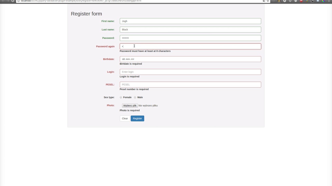 JQuery validation plugin example - Java GitHub project