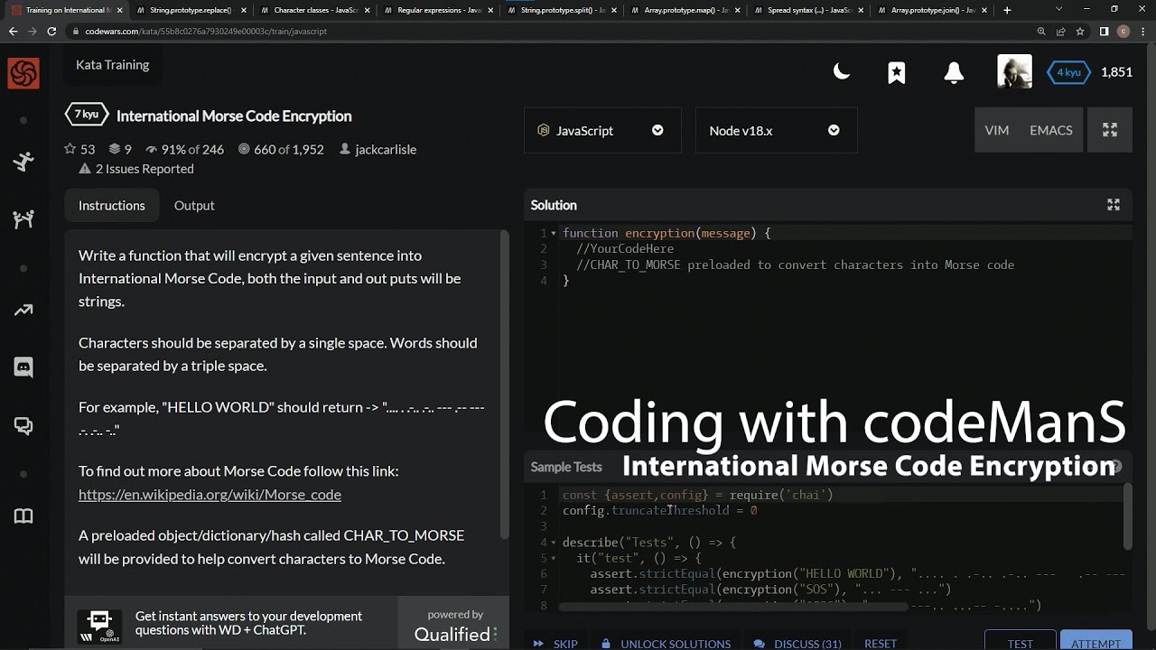 Codewars 7 kyu International Morse Code Encryption Javascript