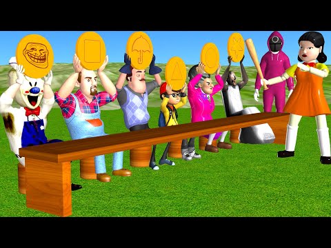 Squid Game (์ค์ง์ด ๊ฒ์) vs Scary Teacher 3D Miss T and 5 Neighbor with Orange Candy Shape Challenge
