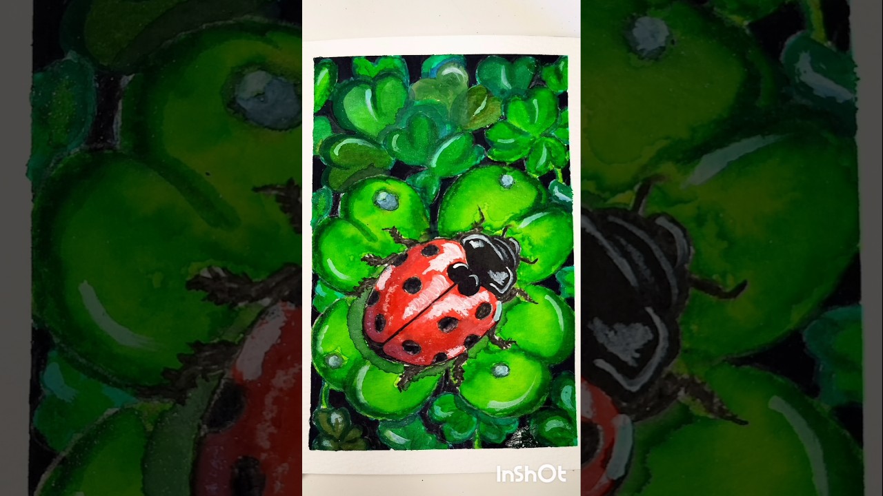 A ladybug 🐞 on clover leaves 🍀Easy watercolour painting #art #shorts #shortvideo #short #shortsfeed