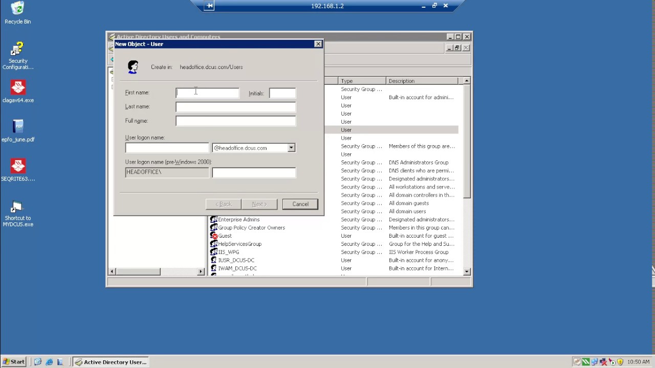 how to create user in active directory windows 2003 server