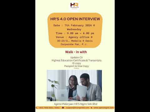 HR'S 4.0 OPEN INTERVIEW ON 07.02.2024 @ WEDNESDAY BY AGENSI PEKERJAAN HR'S MGMT SDN BHD
