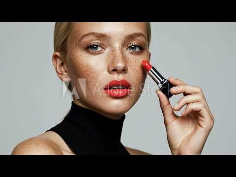 Model showcases vibrant lipstick application in fashion studio - Stock Footage
