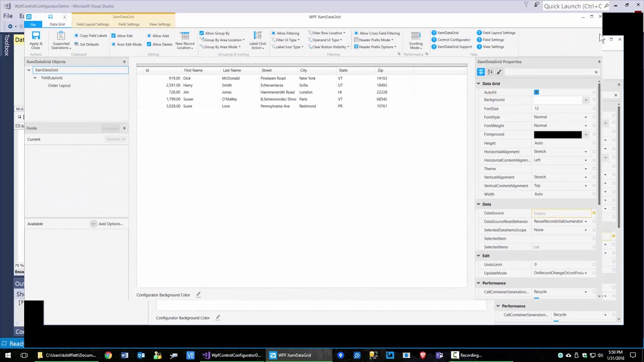 WPF XamDataGrid Configurator - Layout Modes