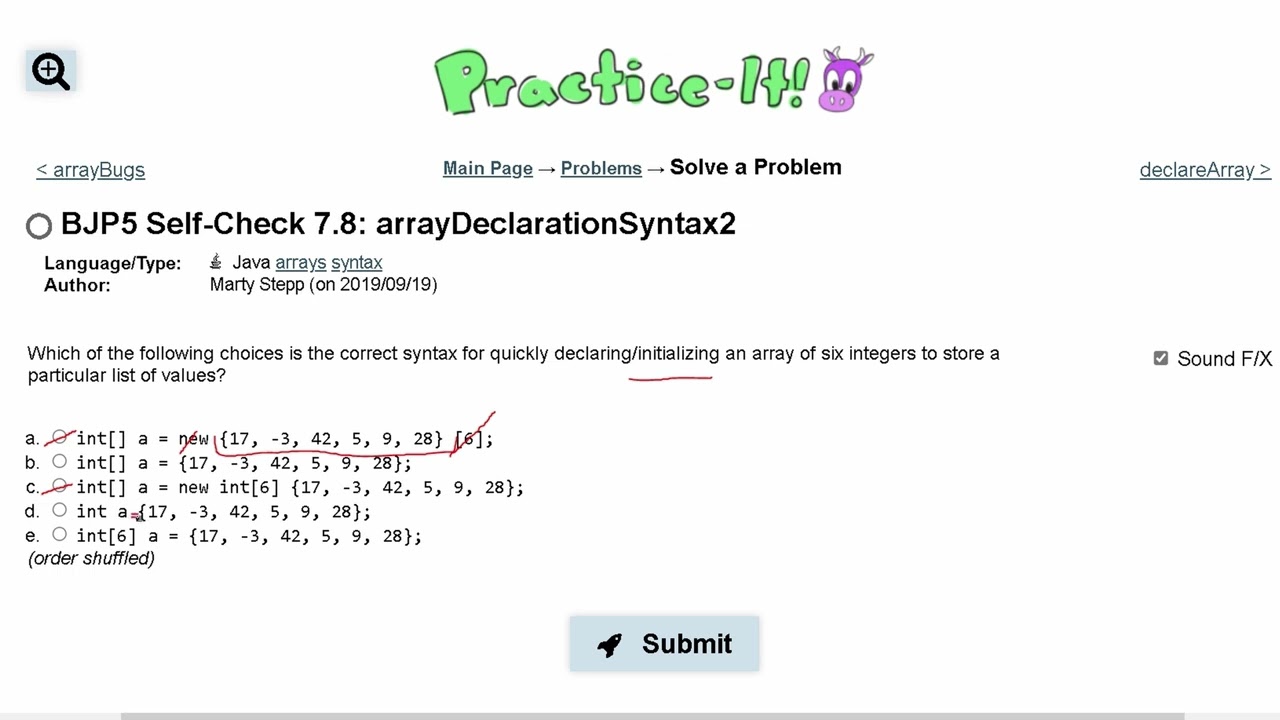 Java Practice It   |   Self-Check 7.8: arrayDeclarationSyntax2   |   arrays, syntax, array basics