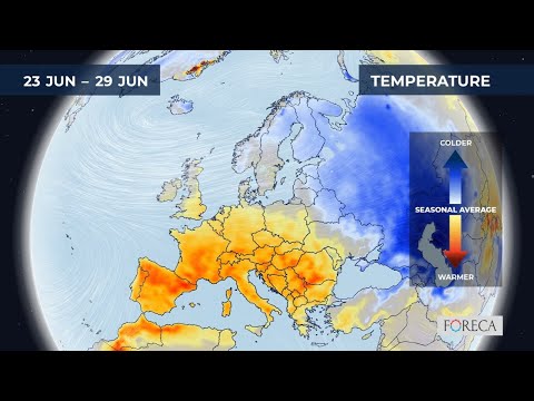 Monthly temperature forecast for Europe 20/6/2025