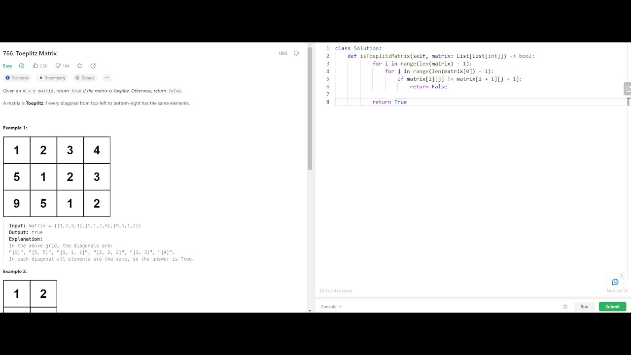 Meta Interview Question -  Toeplitz Matrix- Leetcode 766-  Python