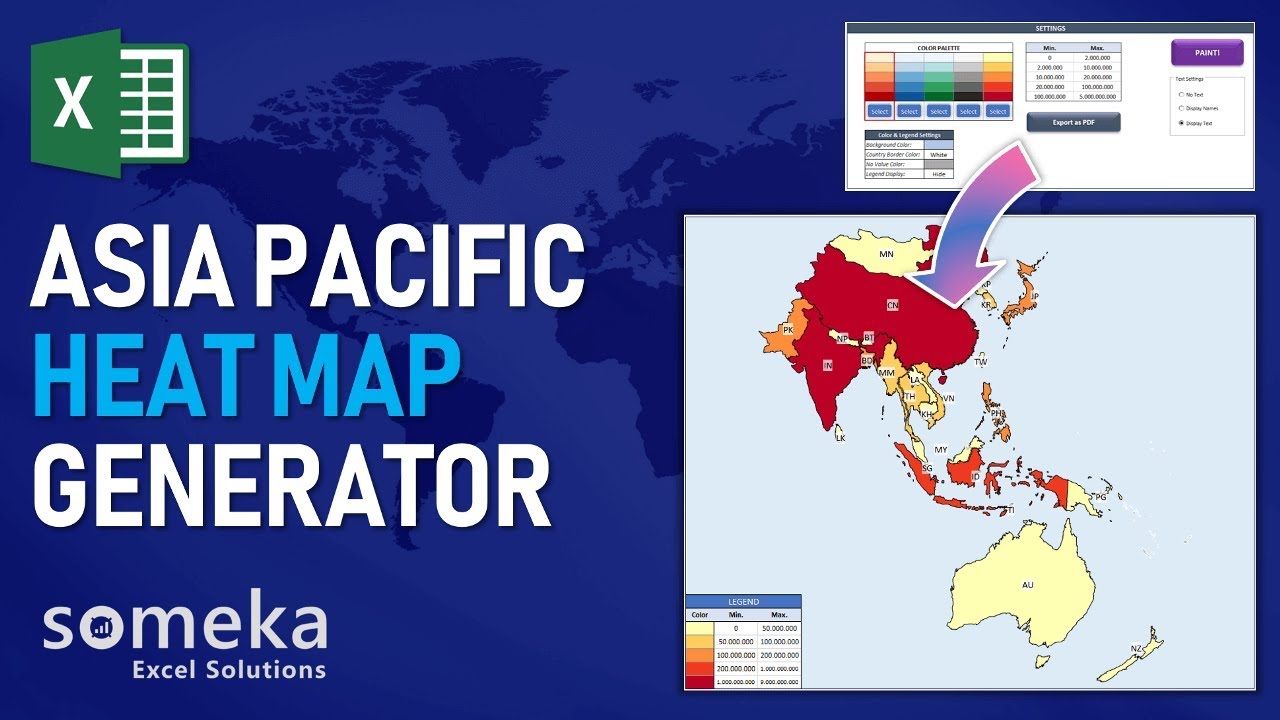 Asia Pacific Heat Map Excel Template | Automatic Country Coloring