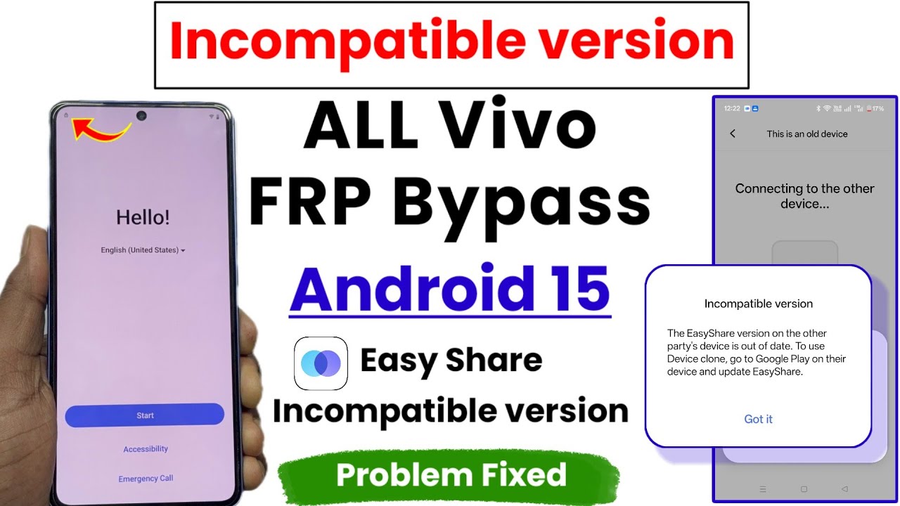 ALL Vivo FRP Bypass Android 15 | Easy Share Incompatible version Problem Fixed | Vivo FRP Unlocked 🔓