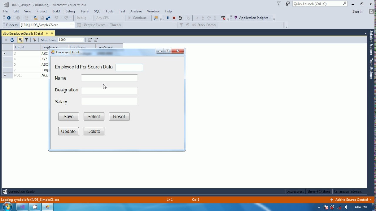 Simple Insert update delete select database csharp
