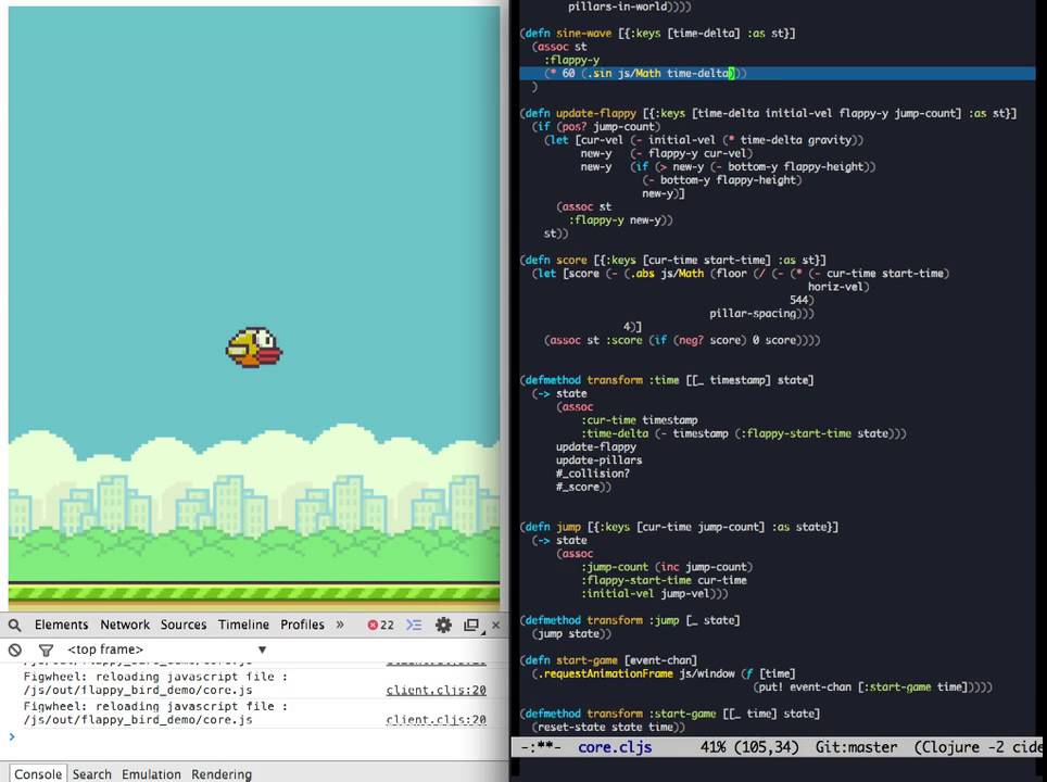 Interactive programming Flappy Bird in ClojureScript