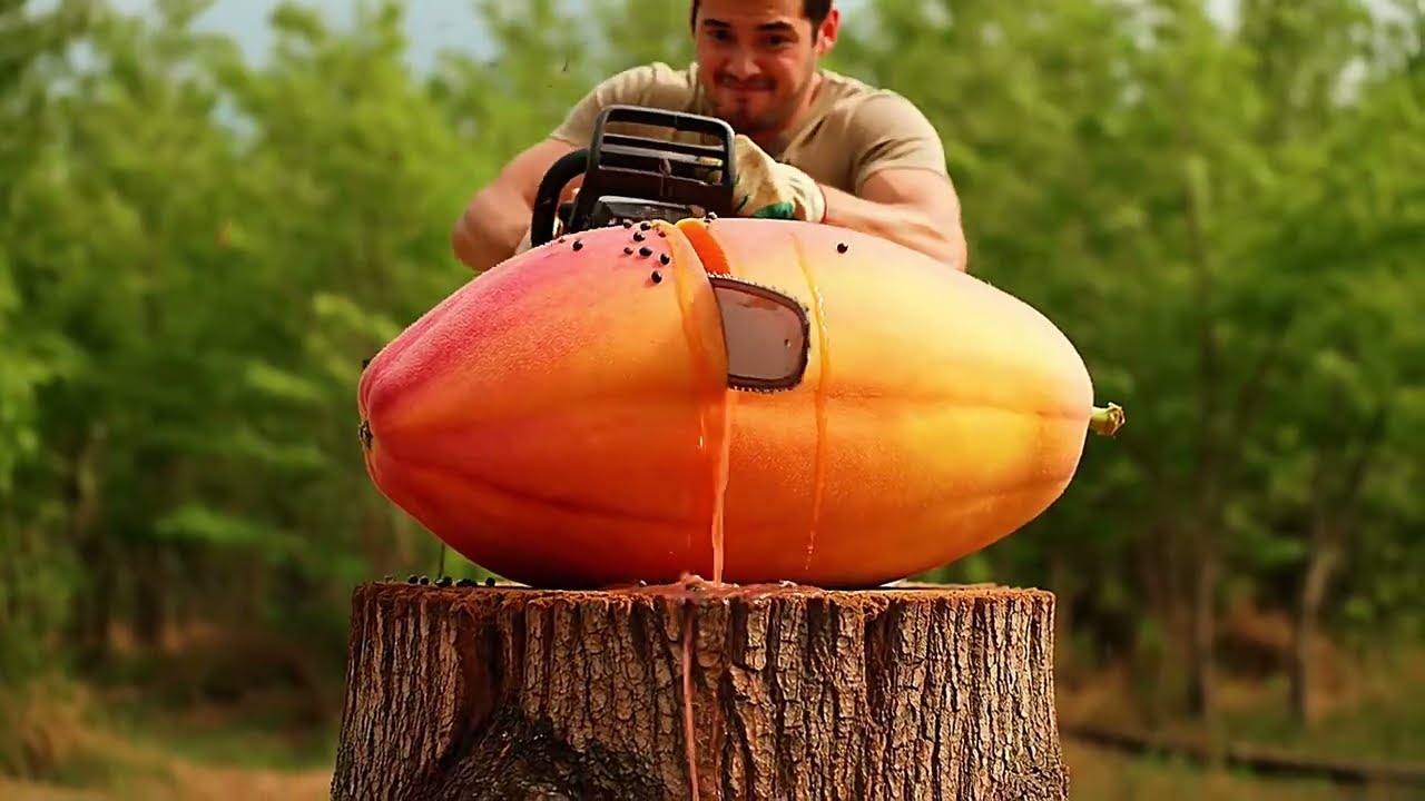 Extreme Fruit Cutting: Slicing Giant Fruits with a Chainsaw! 🍉