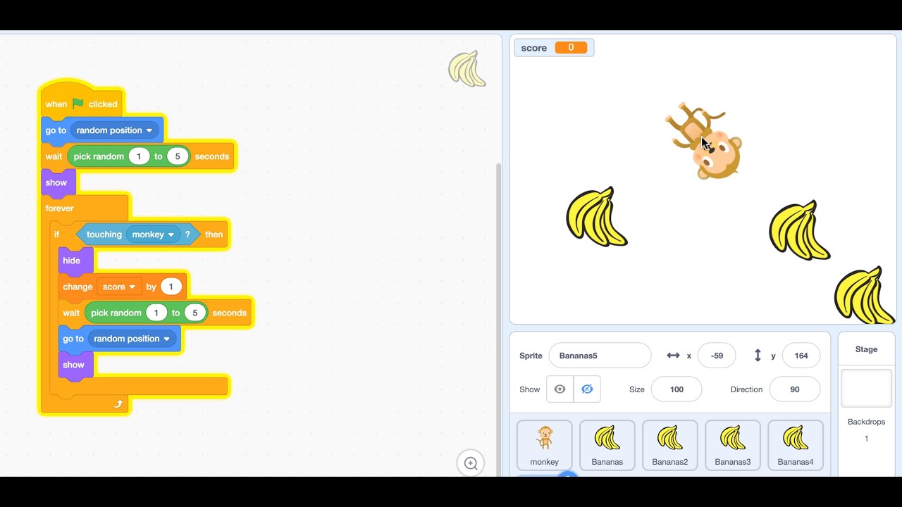 Scratch Tutorial Day 1 - How to make a Hungry Hungry Monkey Game