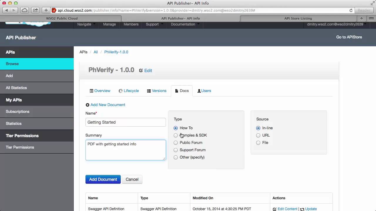 Adding API Documentation, WSO2 API Cloud Tutorial 4