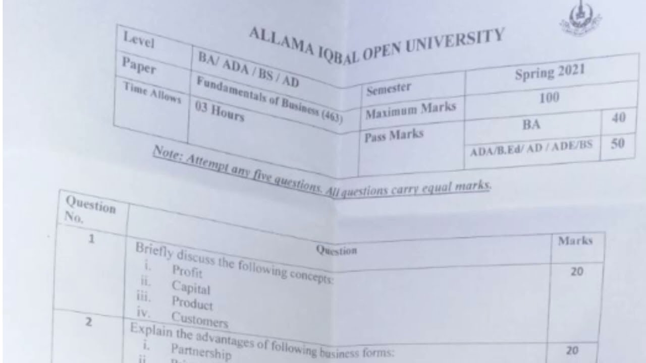 463 Past paper Spring 2021 || 463 Paper pattern || Fundamentals of Business  || @AIOU Academy