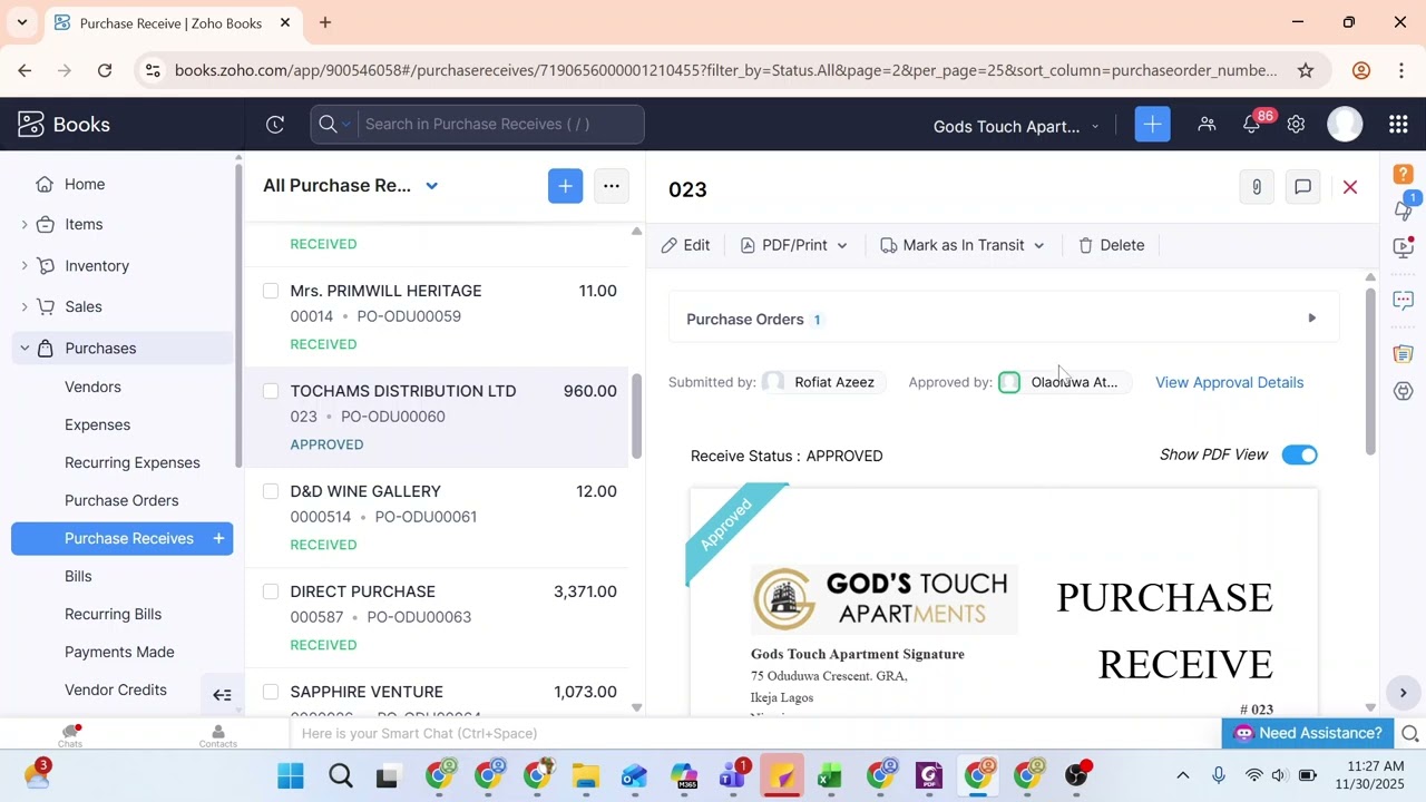 purchase Order Process flow step Status