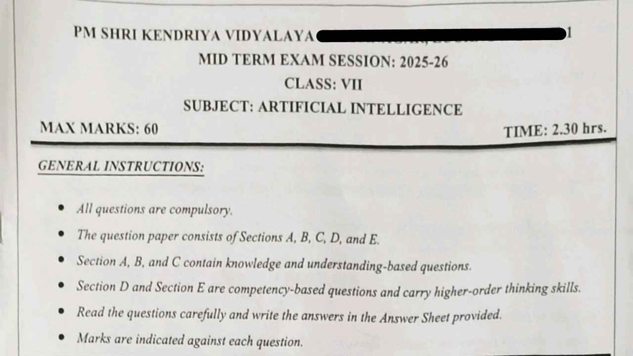 Class-7 Artificial Intelligence (AI) / Question paper session 2025-26, for KV students ￼