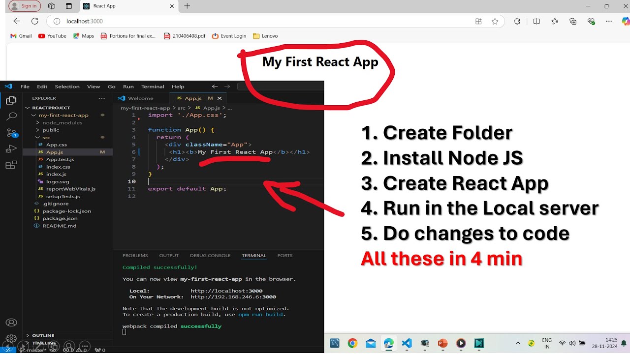 How to create React app in visual studio code and run it for beginners | Create your first react app