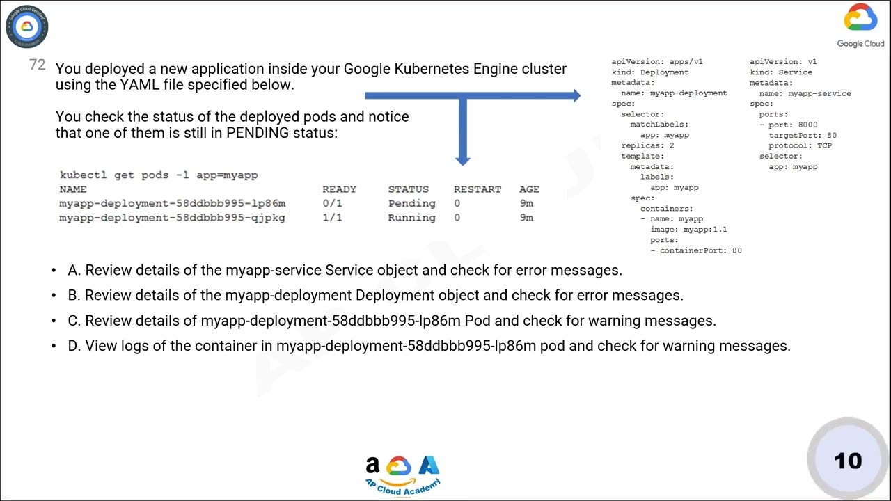 Q72. You deployed a new application inside your Google Kubernetes Engine cluster using the YAML