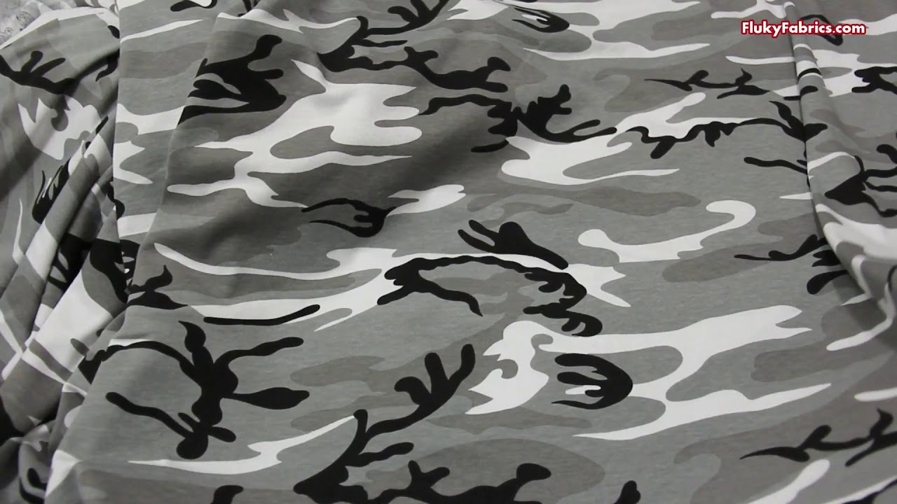 Black, Gray and White Camo Print Interlock Cotton Knit Fabric