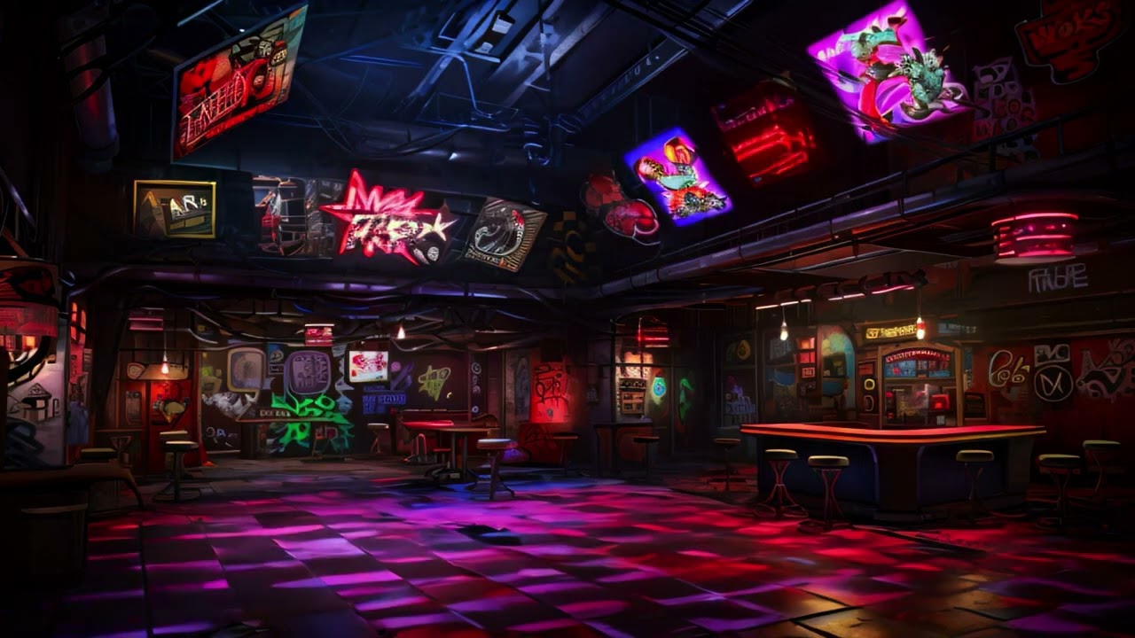 Digital painting of a night club with neon signs, 3d illustration, A lively image of an empty