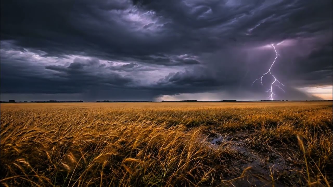 Thunderstorm & Rain Sound Over Golden Fields | Intense Lightning Storm Ambience 4K