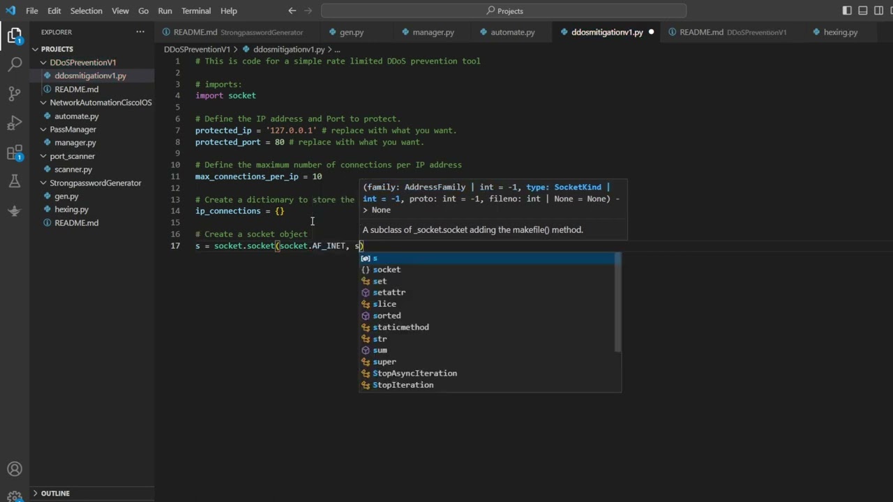 Python Coding Demonstration: Me coding a DDoS (rate limited) prevention script in Python.