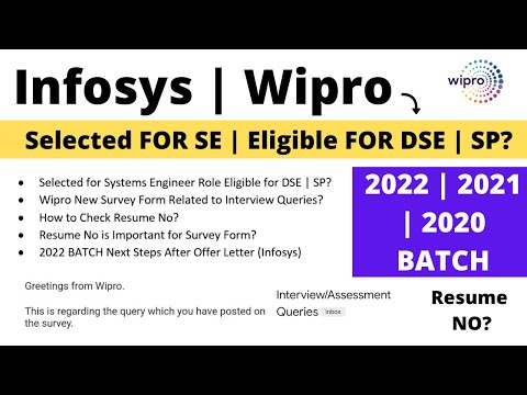 Wipro NEW Survey Mail | Infosys Selected For SE Any Chance for DSE SP | Wipro Resume NO | 2022 BATCH