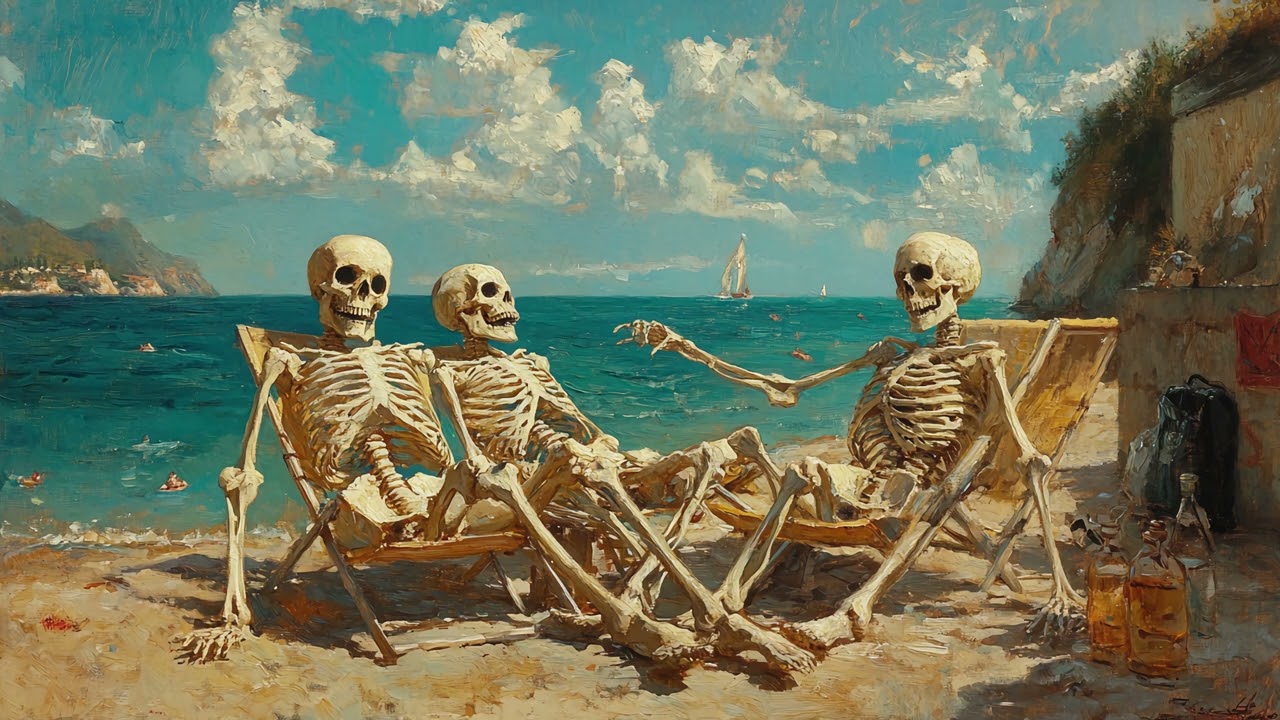 Skeleton TV Art :: Spooky Vintage Beach Frame Tv Art :: Halloween TV Screensaver :: 4K Silent Video