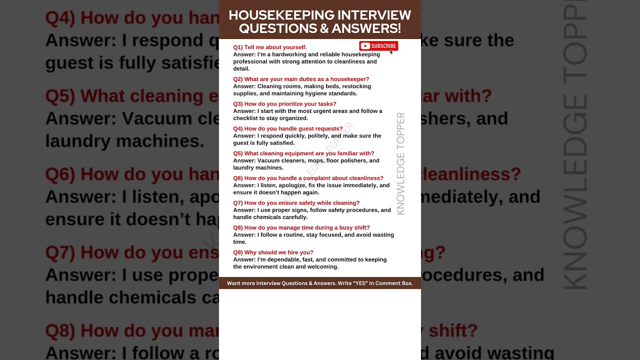 Housekeeping Interview Questions and Answers | Housekeeping Training Video