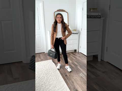 Sneakers with blazers outfits. Smart casual. Office casual. Petite workwear. Nike shoes.