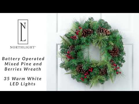 Battery Operated Mixed Pine and Berries Christmas Wreath - 24" | Northlight SM93371 | Northlight