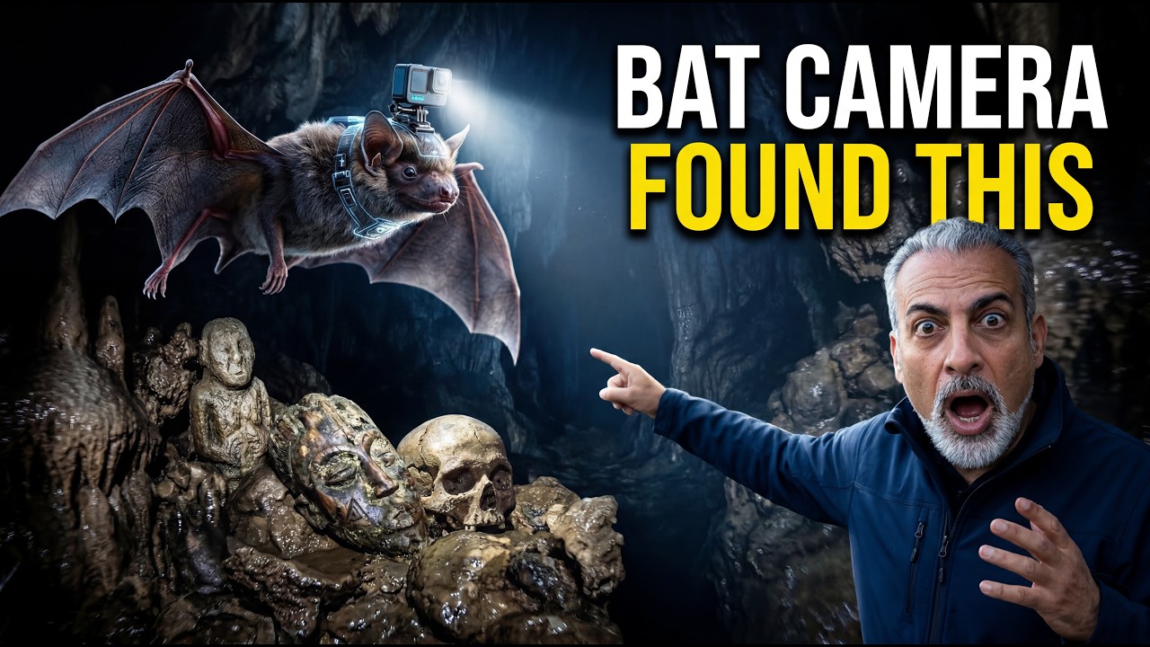 Bat Camera Explores Hidden Cave and Discovers Ancient Mask, Skull and Statue