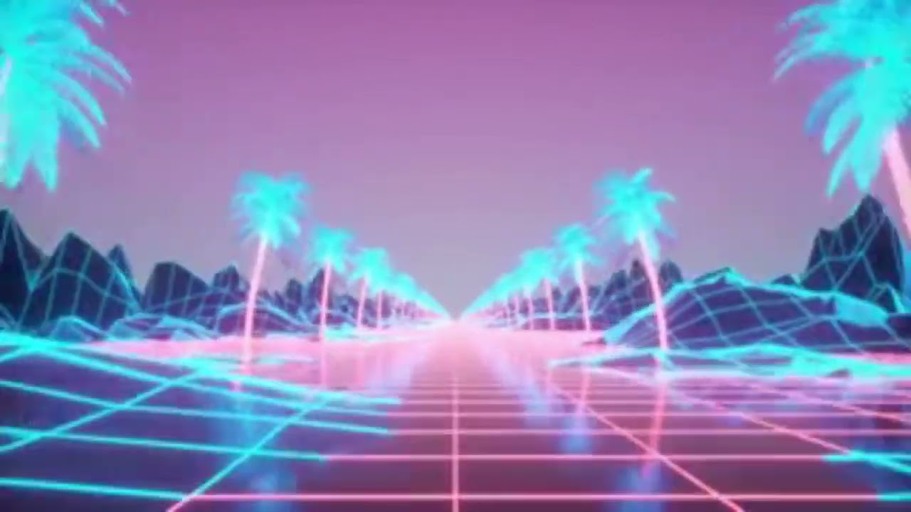 Palm Trees  & Computer Grid Landscape - Neon Retrowave/Synthwave Motion Graphics Background Video