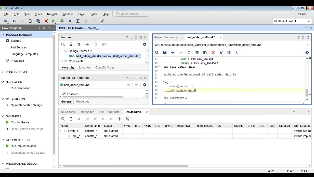 Vivado Tutorial | Implementing Half Adder | VHDL Coding | Simulation | #FPGA #VLSI #VHDL