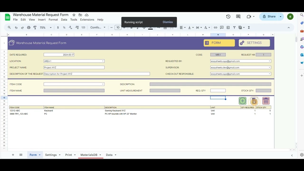 Warehouse Material Request Form in Google Sheets