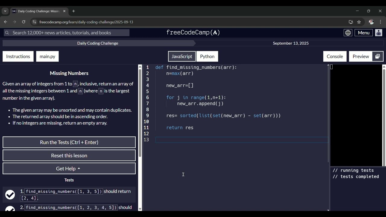 @freecodecamp freeCodeCamp Daily Coding  Challenge Series 13_sep. Find Missing numbers || Python