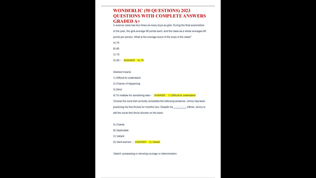 WONDERLIC 50 QUESTIONS 2023 QUESTIONS WITH COMPLETE ANSWERS GRADED A+