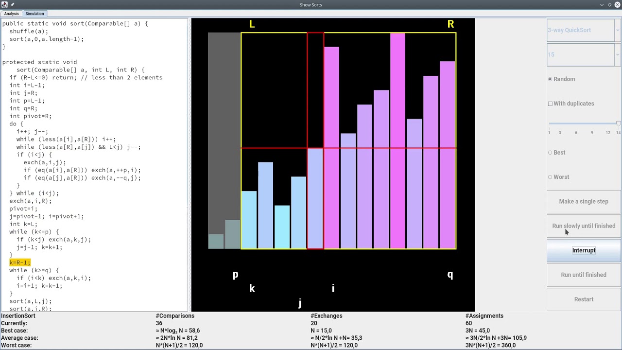 3-Way-Quicksort with 15 elements (randomly ordered)
