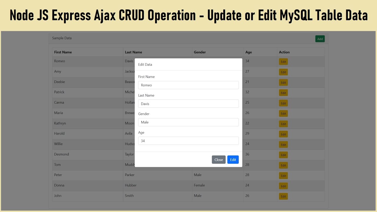 Node JS Express Ajax CRUD Operation - Update or Edit MySQL Table Data